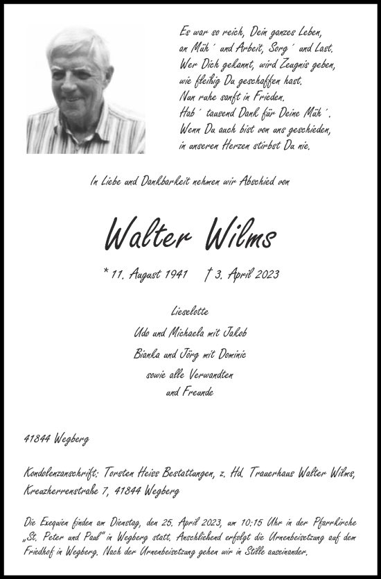 Traueranzeigen von Walter Wilms | Aachen gedenkt
