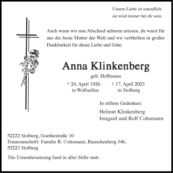 Traueranzeigen von Anna Klinkenberg | Aachen gedenkt