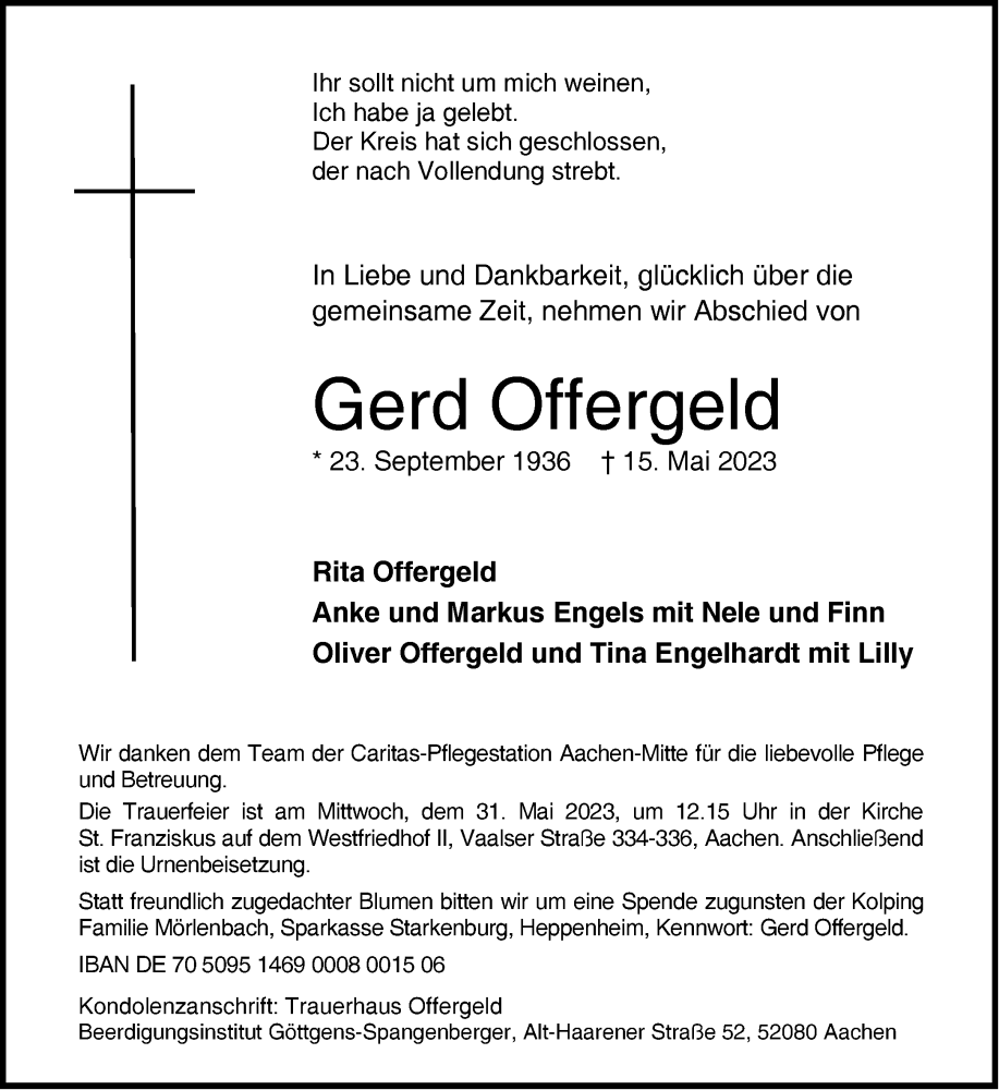 Traueranzeigen von Gerd Offergeld | Aachen gedenkt