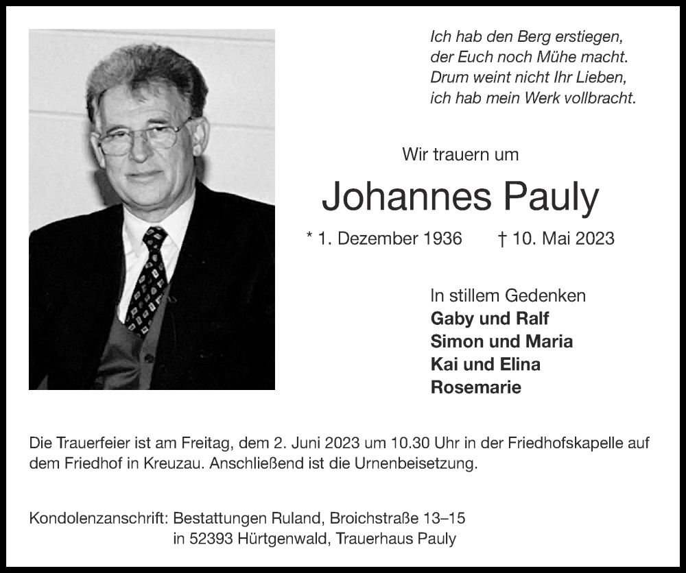 Traueranzeigen von Johannes Pauly | Aachen gedenkt