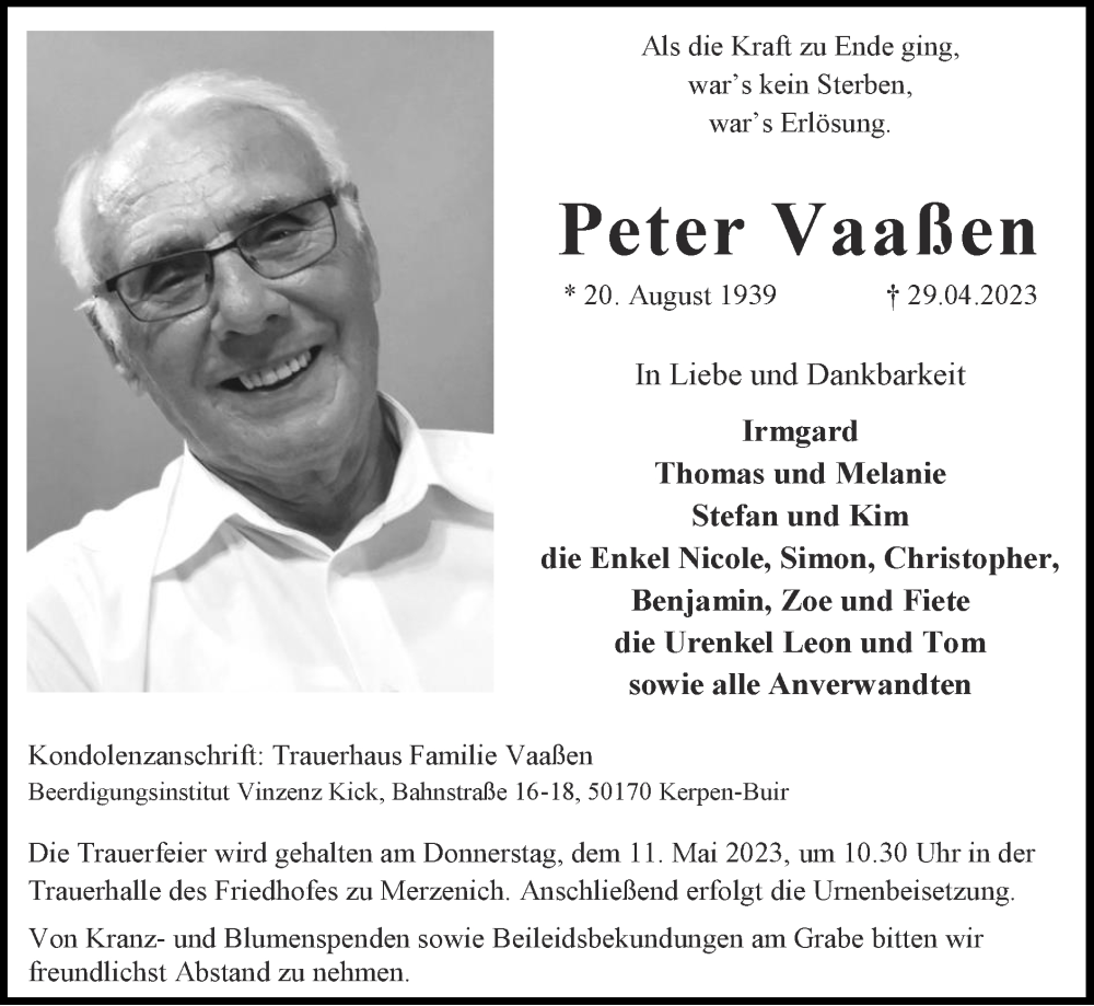 Traueranzeigen von Peter Vaaßen | Aachen gedenkt