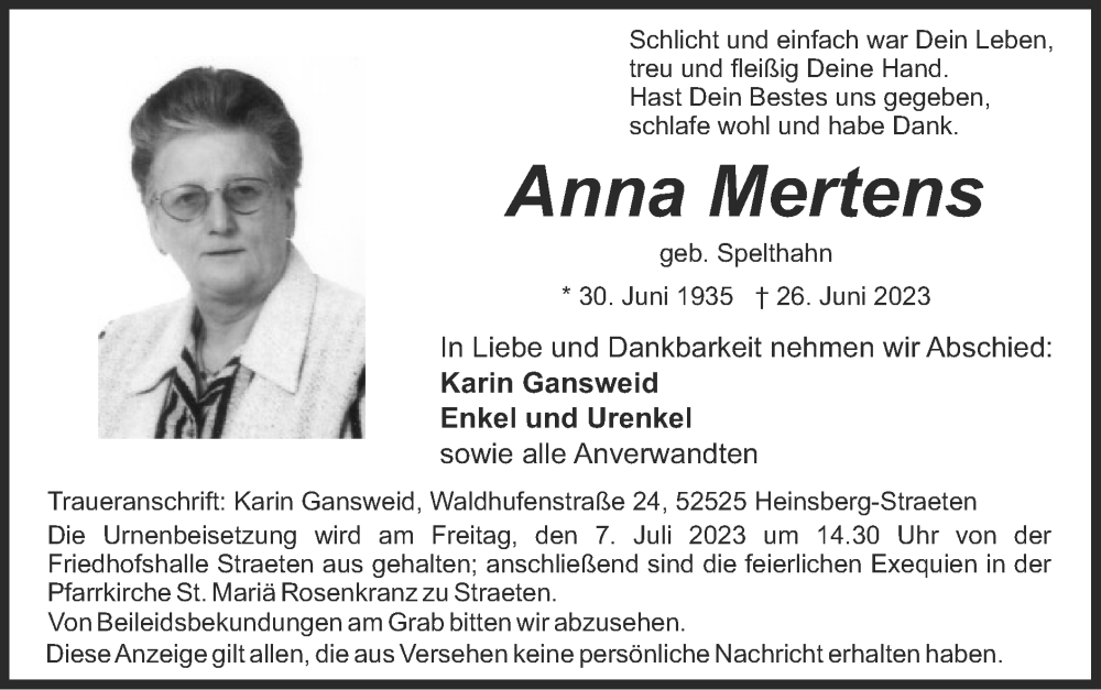 Traueranzeigen von Anna Mertens | Aachen gedenkt