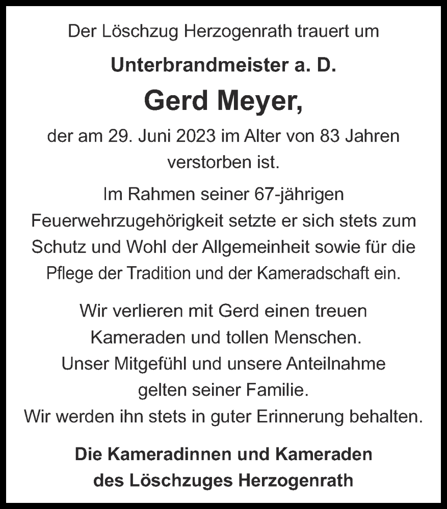 Traueranzeigen von Gerd Meyer | Aachen gedenkt
