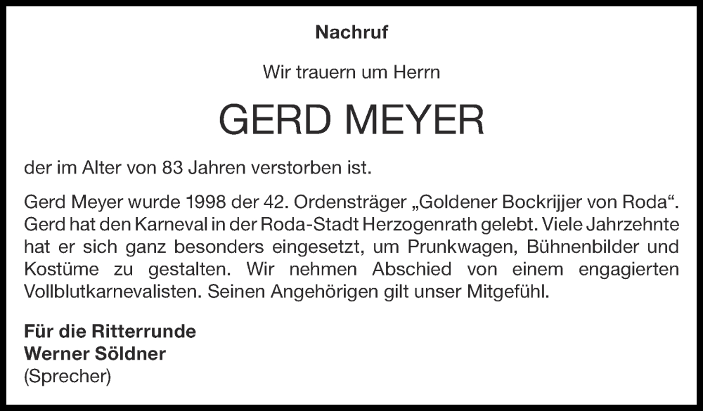Traueranzeigen von Gerd Meyer | Aachen gedenkt