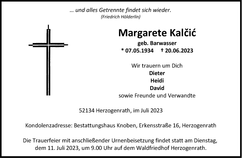 Traueranzeigen von Margarete Kalcic | Aachen gedenkt