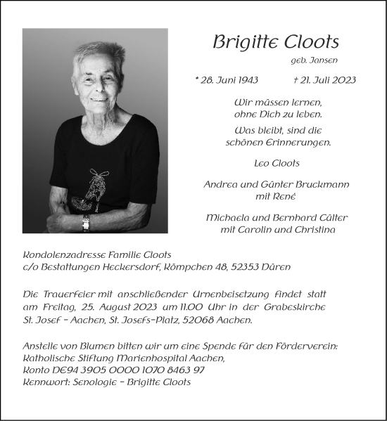 Traueranzeigen von Brigitte Cloots | Aachen gedenkt