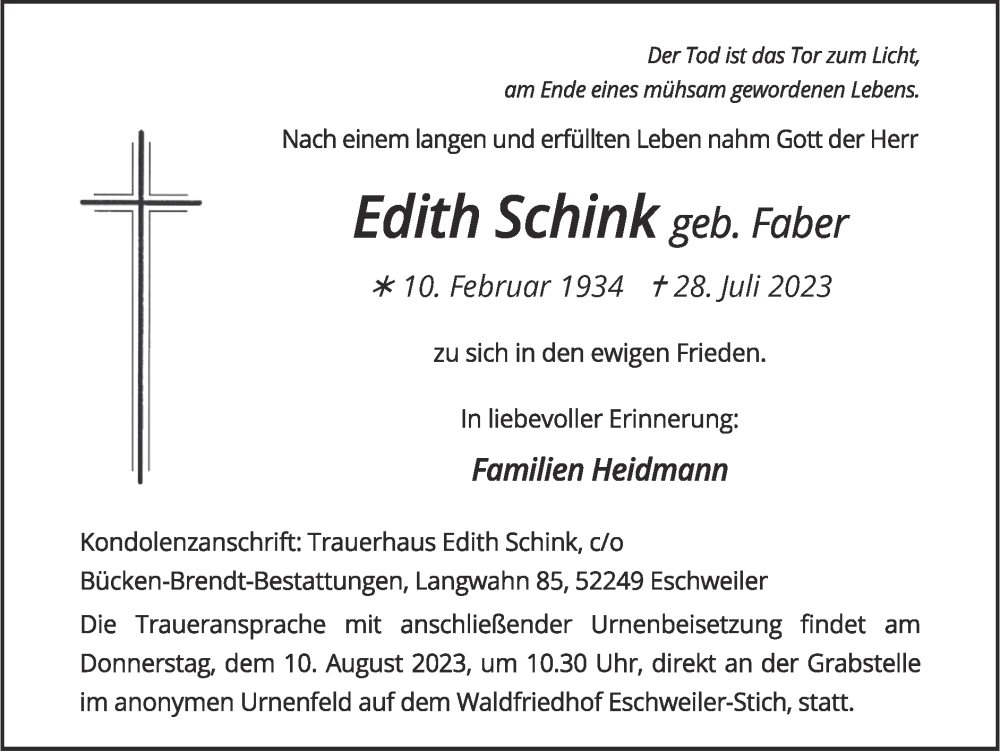 Traueranzeigen von Edith Schink | Aachen gedenkt