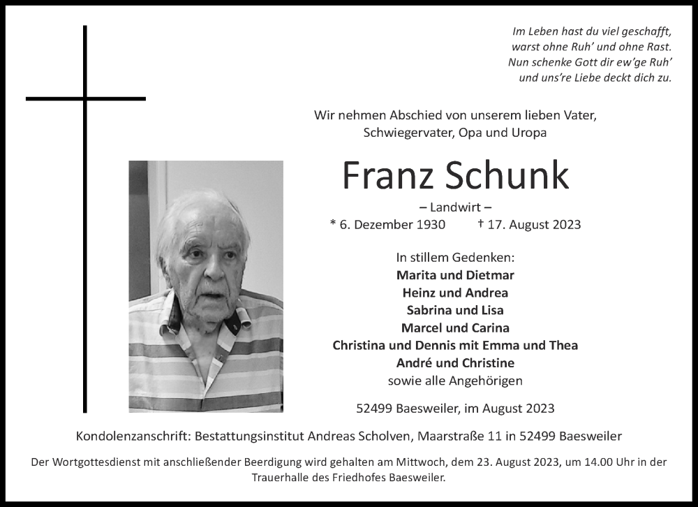Traueranzeigen von Franz Schunk | Aachen gedenkt