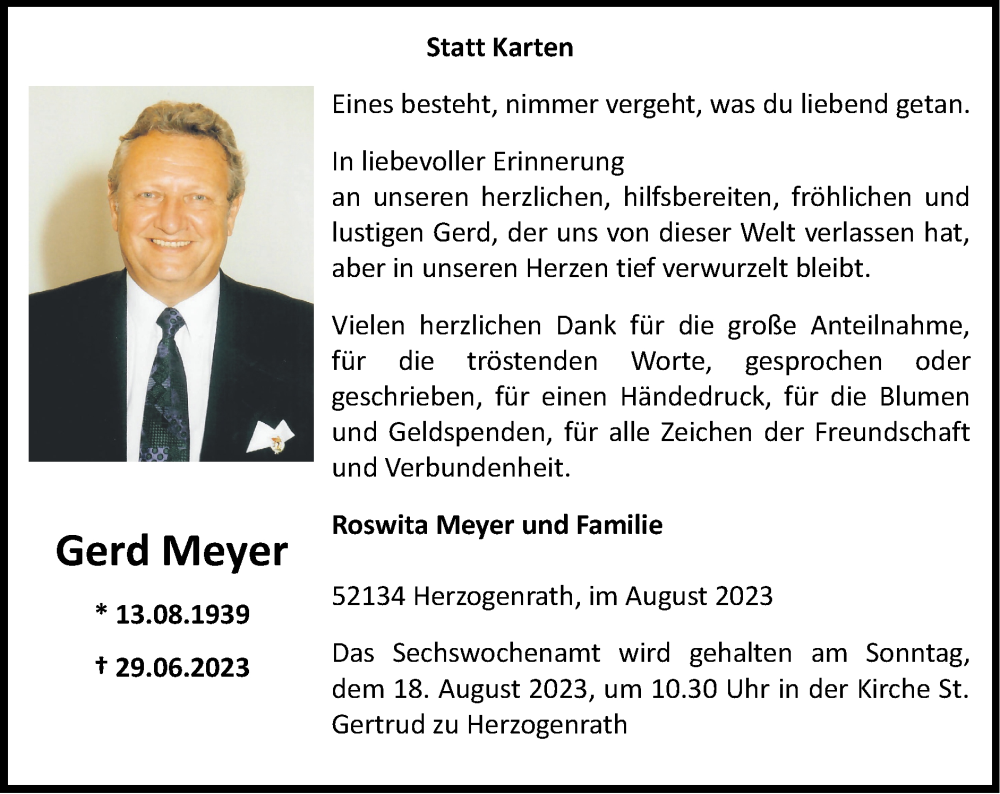 Traueranzeigen von Gerd Meyer | Aachen gedenkt