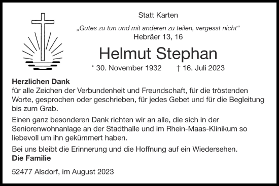 Traueranzeigen von Helmut Stephan | Aachen gedenkt