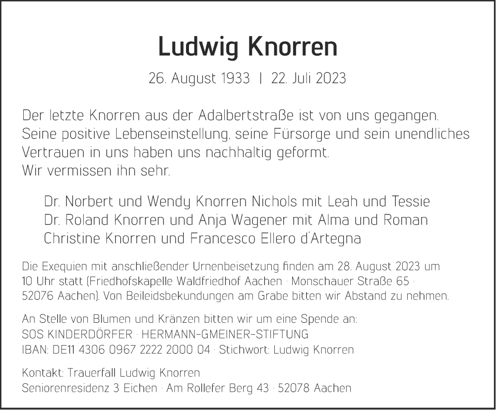 Traueranzeigen von Ludwig Knorren | Aachen gedenkt