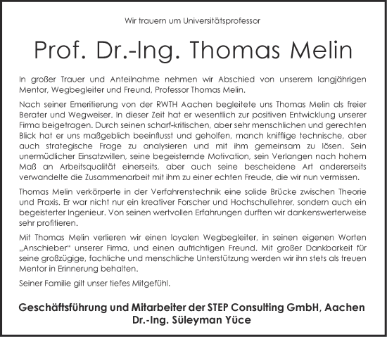 Traueranzeigen von Thomas Melin | Aachen gedenkt