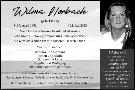 Traueranzeigen von Wilma Horbach | Aachen gedenkt