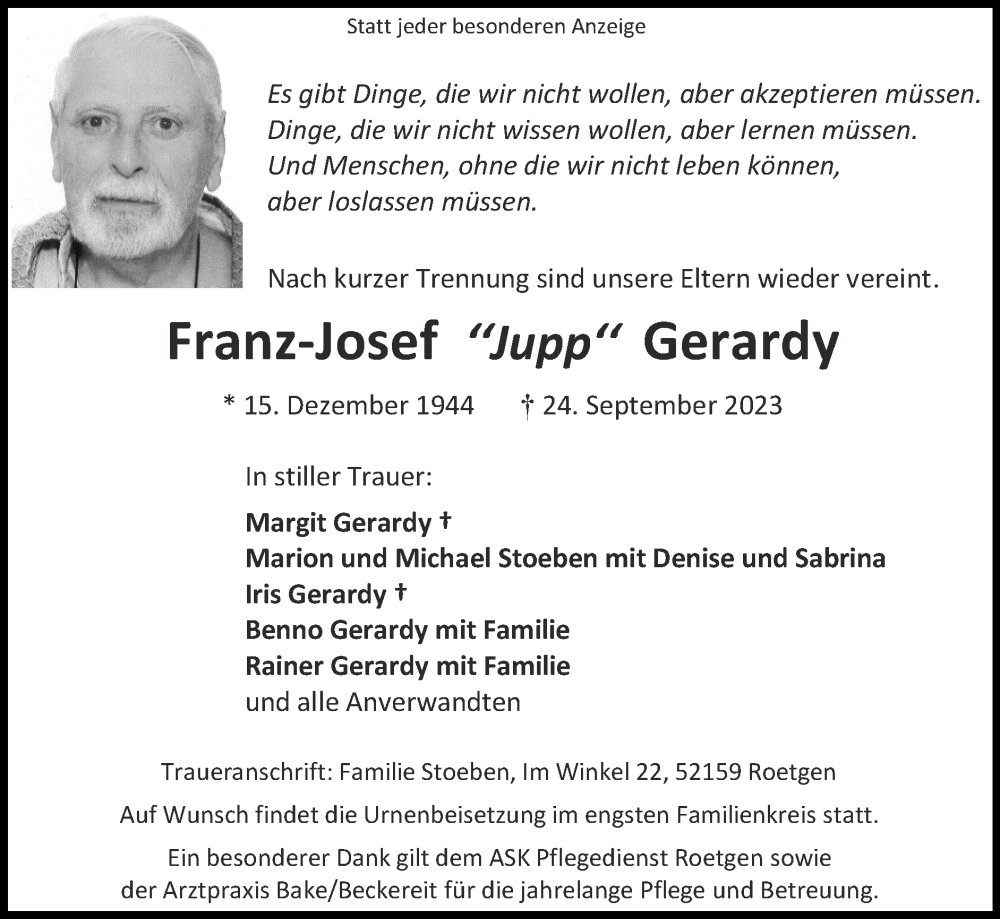 Traueranzeigen von Franz-Josef Gerardy | Aachen gedenkt