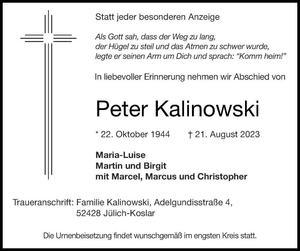 Traueranzeigen von Peter Kalinowski | Aachen gedenkt