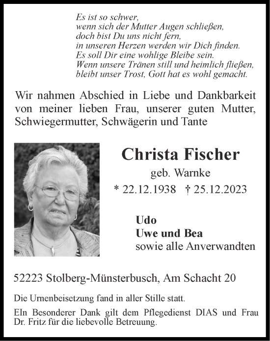 Traueranzeigen von Christa Fischer | Aachen gedenkt