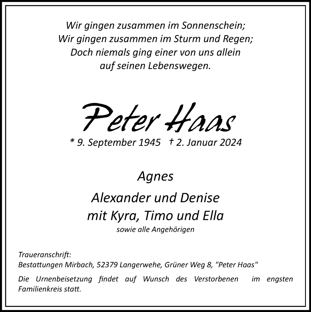Traueranzeigen von Peter Haas | Aachen gedenkt