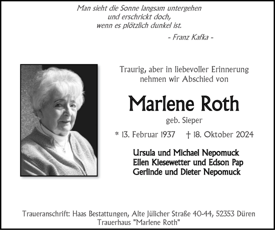 Traueranzeigen von Marlene Roth | Aachen gedenkt