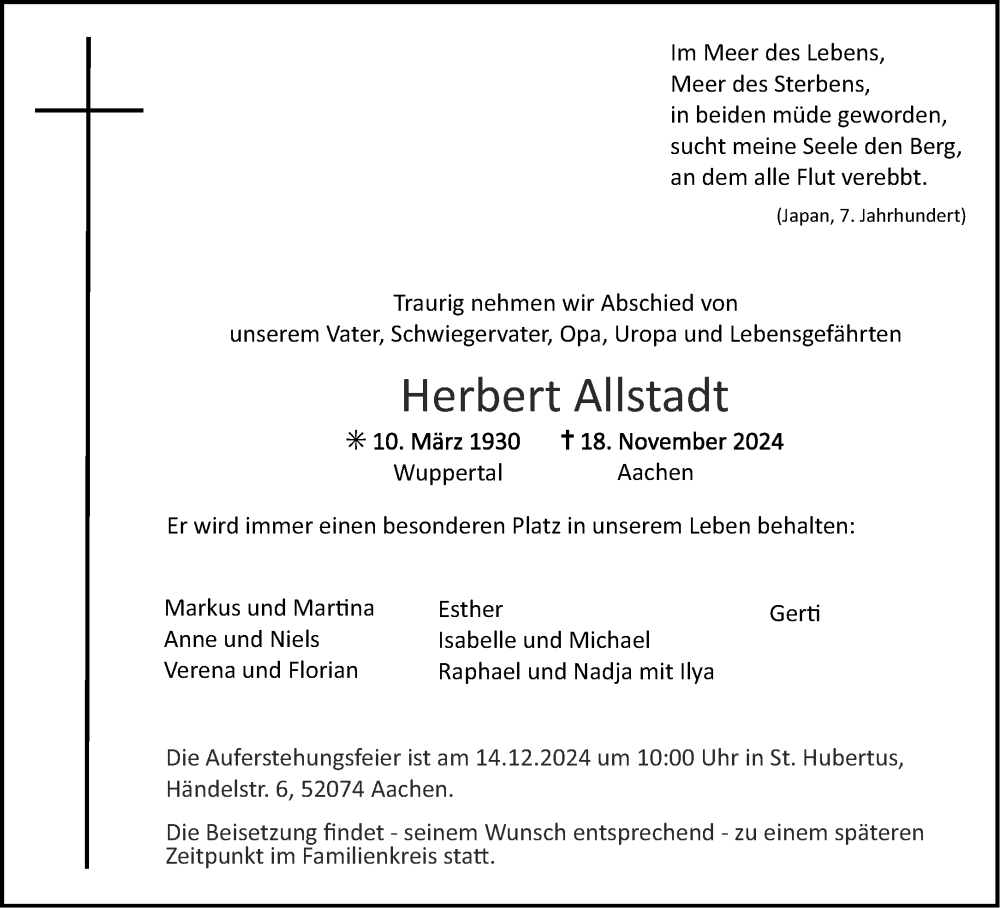 Traueranzeigen von Herbert Allstadt | Aachen gedenkt