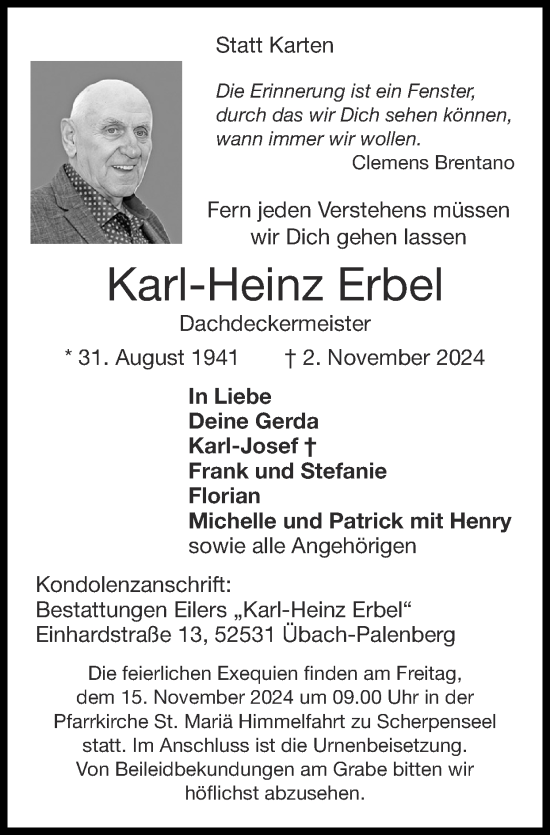 Traueranzeigen von Karl-Heinz Erbel | Aachen gedenkt