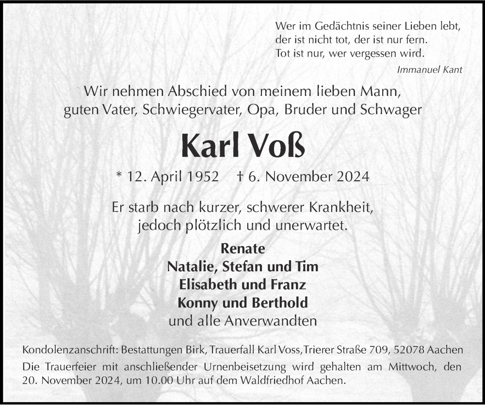 Traueranzeigen von Karl Voß | Aachen gedenkt
