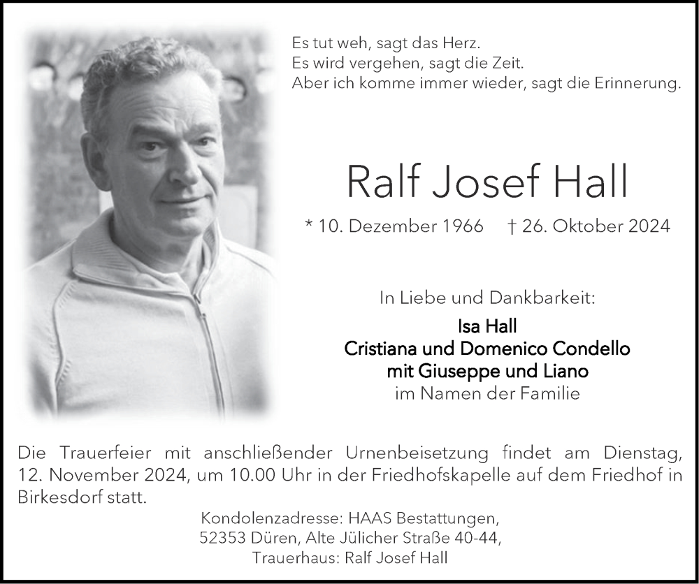 Traueranzeigen von Ralf Josef Hall | Aachen gedenkt