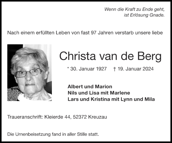 Traueranzeigen von Christa van de Berg | Aachen gedenkt