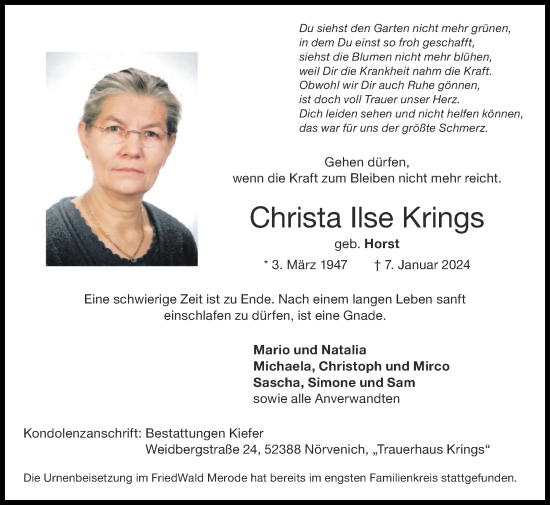 Traueranzeigen von Christa Ilse Krings | Aachen gedenkt