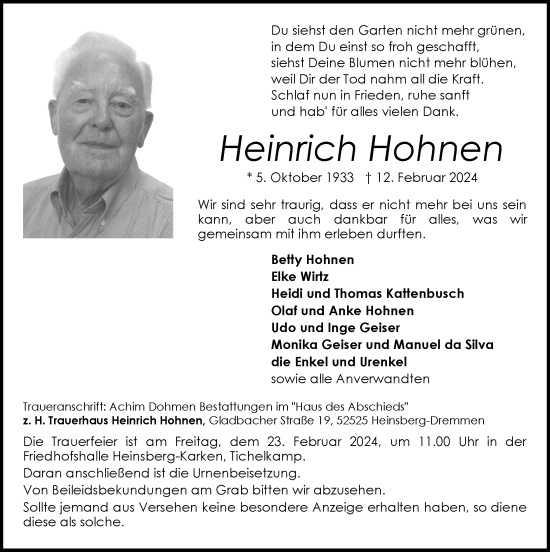 Traueranzeigen von Heinrich Hohnen | Aachen gedenkt