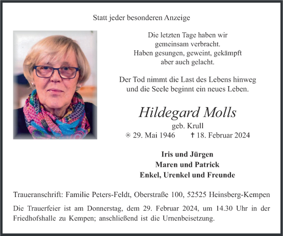 Traueranzeigen von Hildegard Molls | Aachen gedenkt