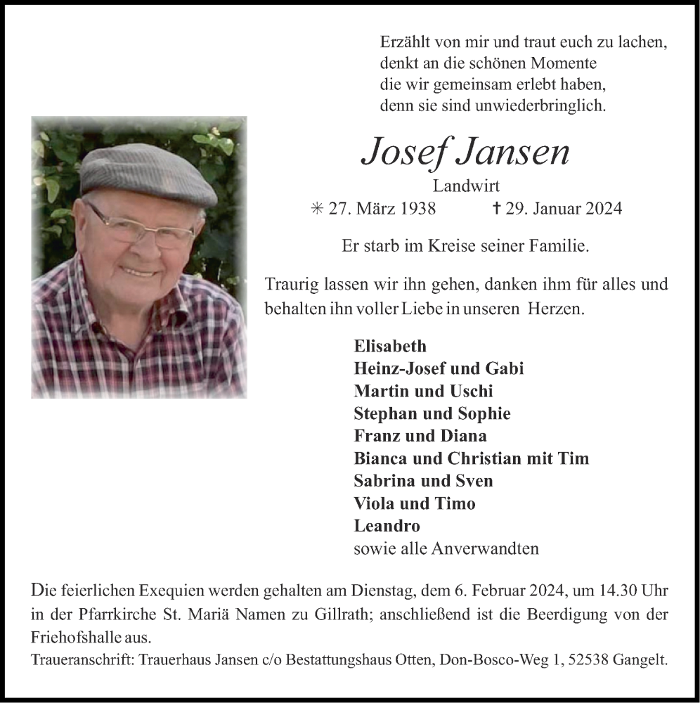 Traueranzeigen von Josef Jansen | Aachen gedenkt