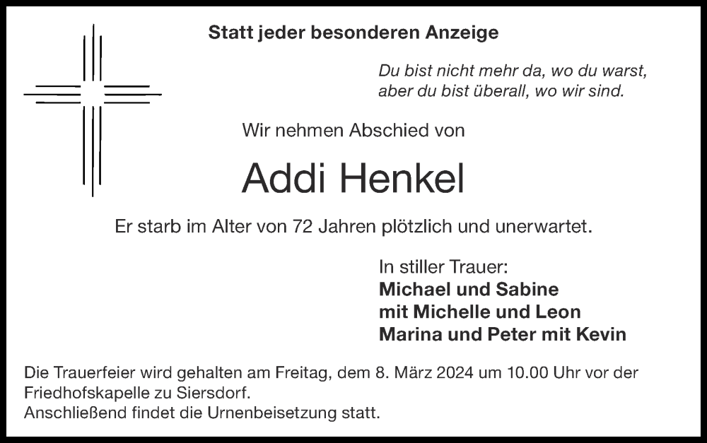 Traueranzeigen von Addi Henkel | Aachen gedenkt