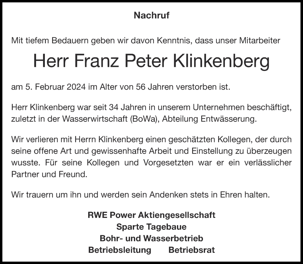 Traueranzeigen von Franz Peter Klinkenberg | Aachen gedenkt