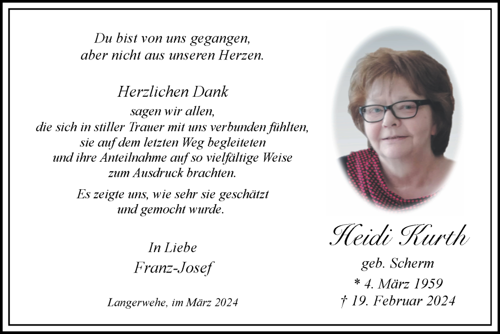 Traueranzeigen von Heidi Kurth | Aachen gedenkt