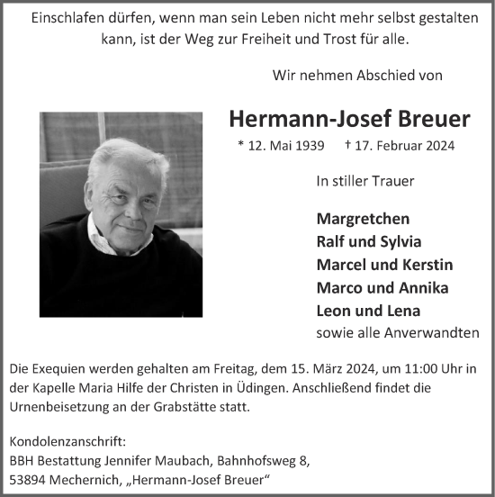 Traueranzeigen von Hermann-Josef Breuer | Aachen gedenkt