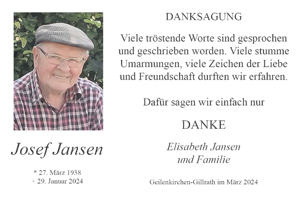 Traueranzeigen von Josef Jansen | Aachen gedenkt