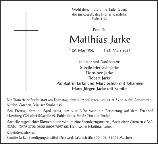 Traueranzeigen von Matthias Jarke | Aachen gedenkt