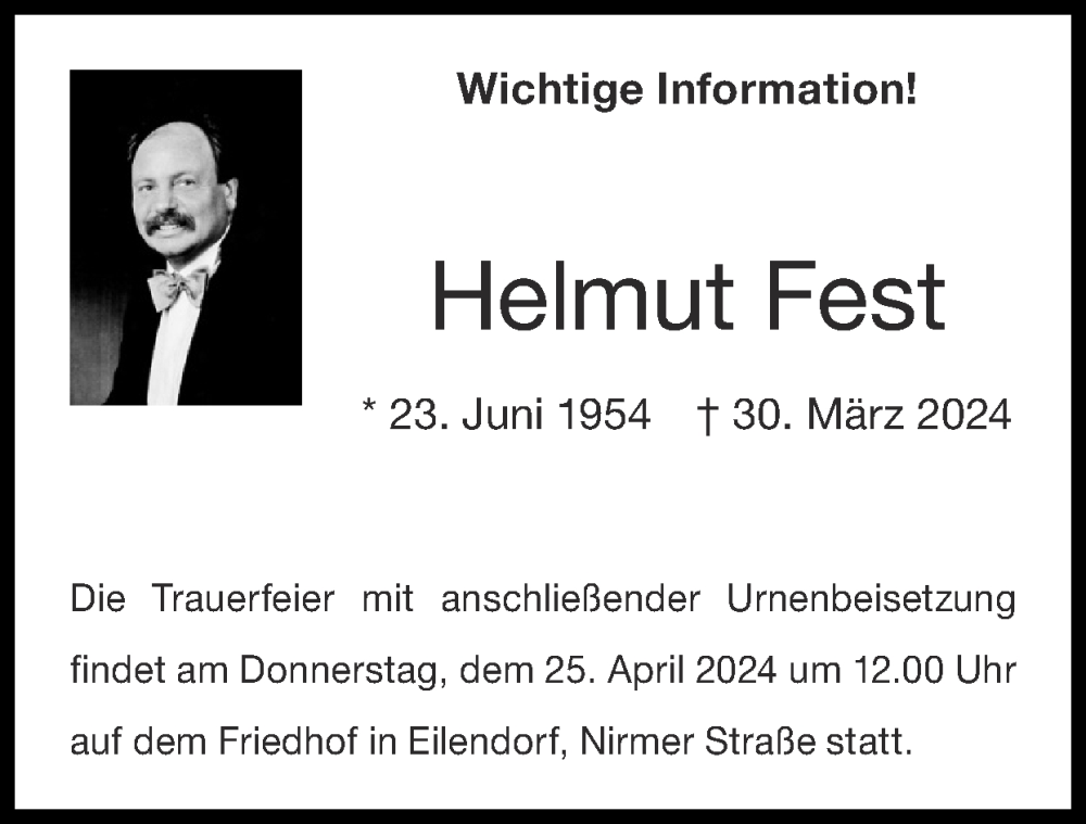 Traueranzeigen von Helmut Fest | Aachen gedenkt
