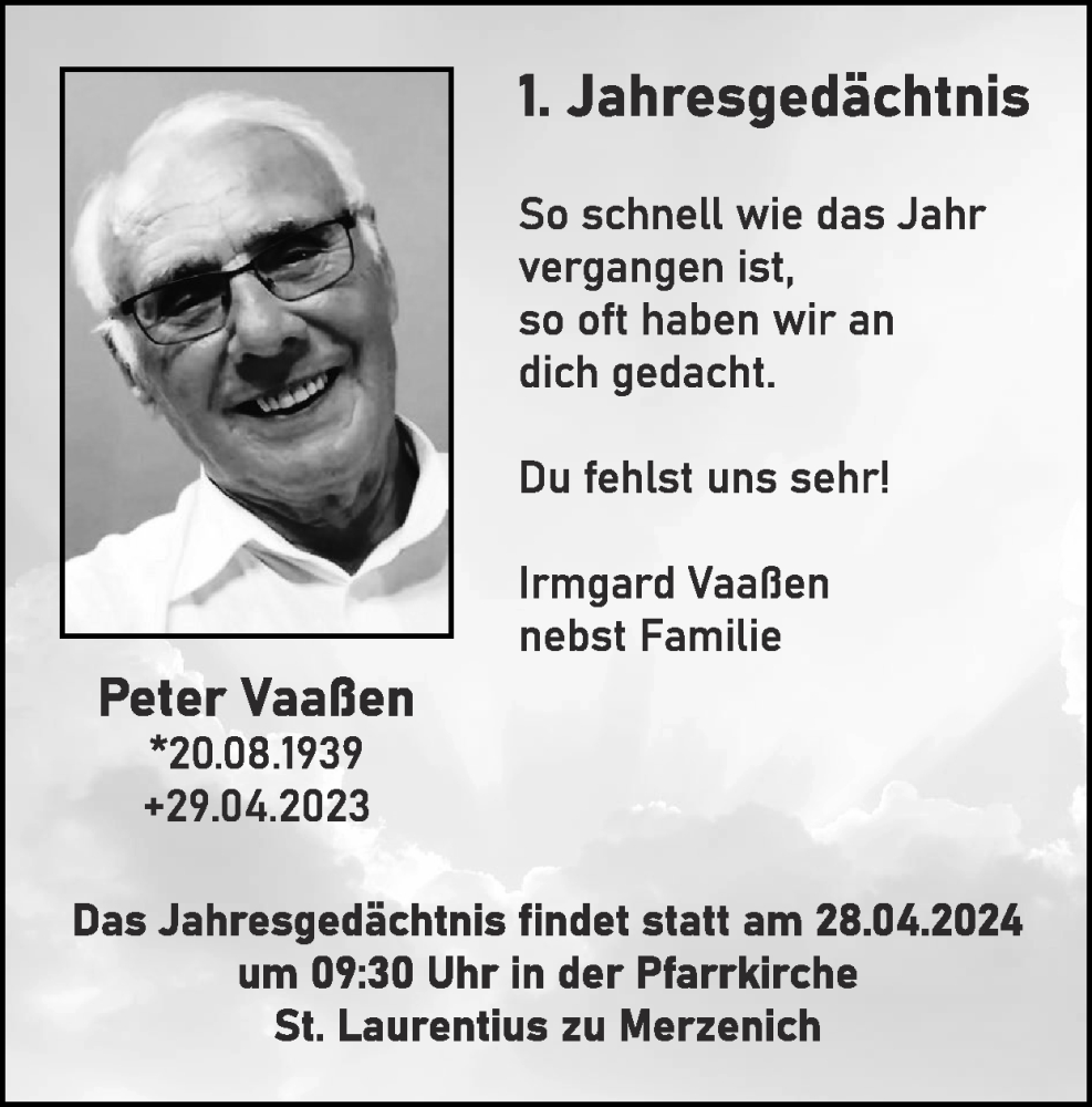 Traueranzeigen von Peter Vaaßen | Aachen gedenkt