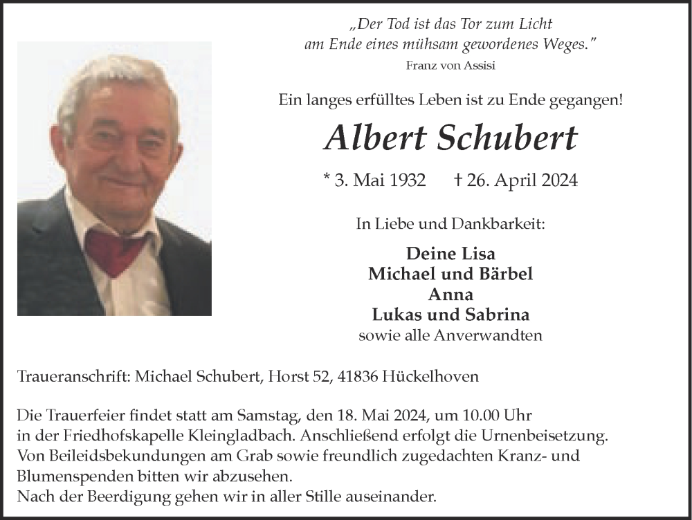 Traueranzeigen von Albert Schubert | Aachen gedenkt Traueranzeigen von Albert Schubert | Aachen gedenkt