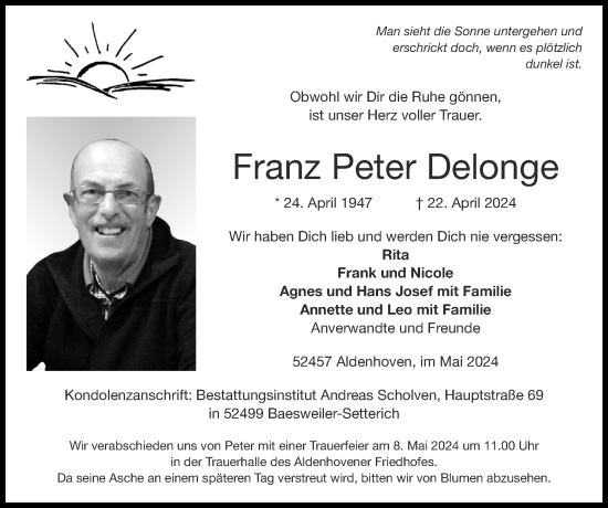 Traueranzeigen von Franz Peter Delonge | Aachen gedenkt