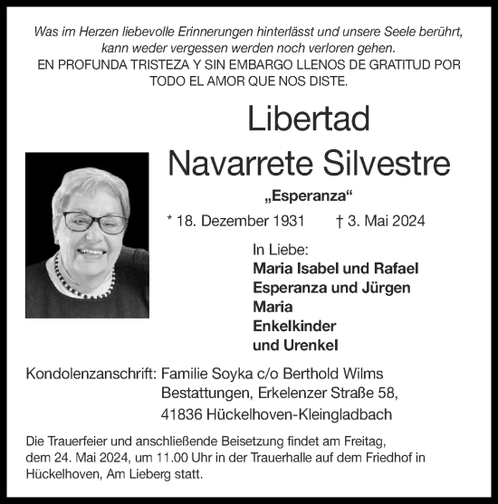 Traueranzeigen von Navarrete Silvestre | Aachen gedenkt