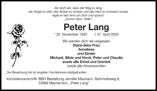 Traueranzeigen von Peter Lang | Aachen gedenkt