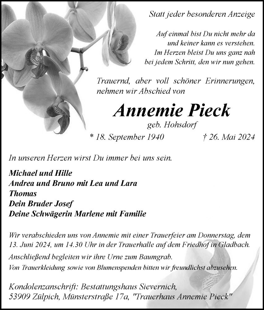 Traueranzeigen von Annemie Pieck | Aachen gedenkt Traueranzeigen von Annemie Pieck | Aachen gedenkt