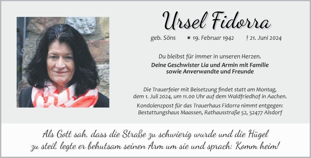 Traueranzeigen von Ursel Fidorra | Aachen gedenkt