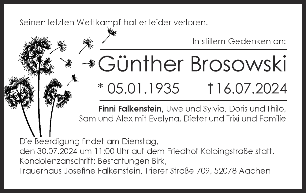 Traueranzeigen von Günther Brosowski | Aachen gedenkt