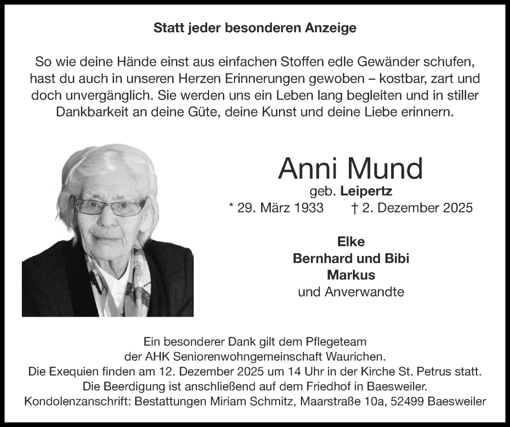 Traueranzeigen von Anni Mund | Aachen gedenkt