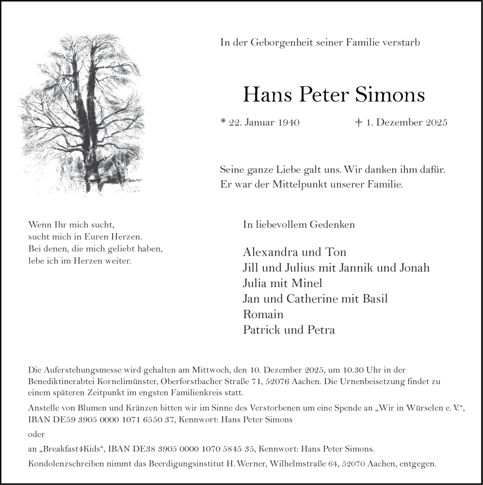 Traueranzeigen von Hans Peter Simons | Aachen gedenkt