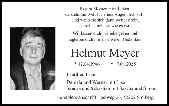 Traueranzeigen von Helmut Meyer | Aachen gedenkt