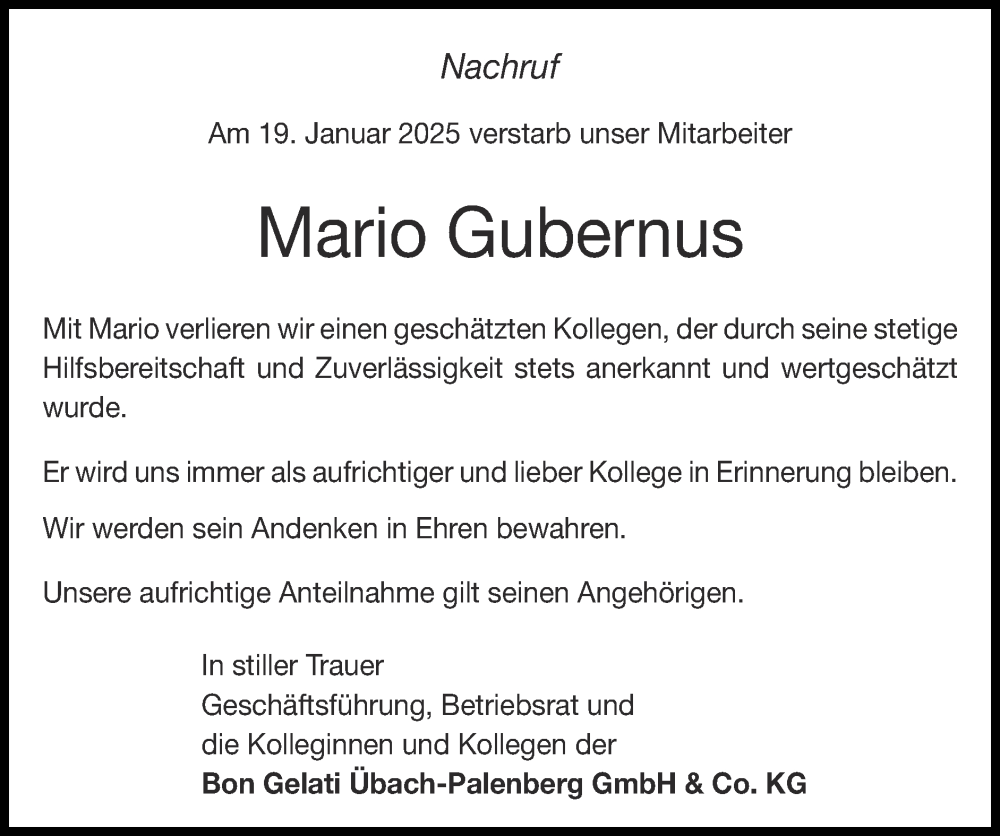 Traueranzeigen von Mario Gubernus | Aachen gedenkt